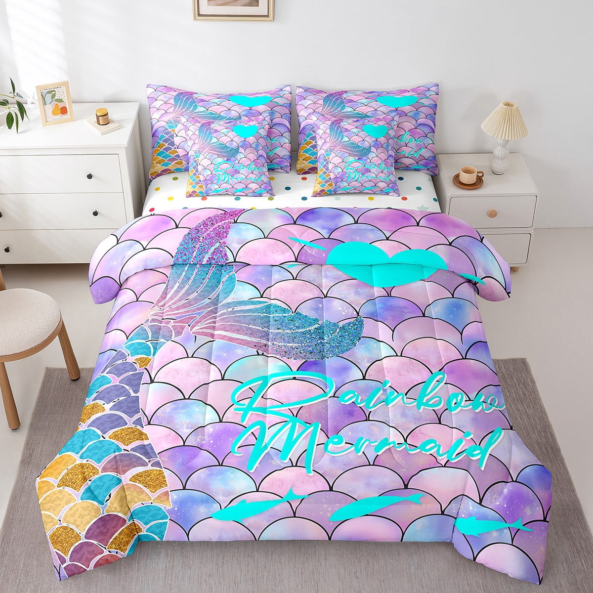 Mermaid Tail Comforter Set 7 Piece Bed in a Bag Twin,Blue Purple Fish ...