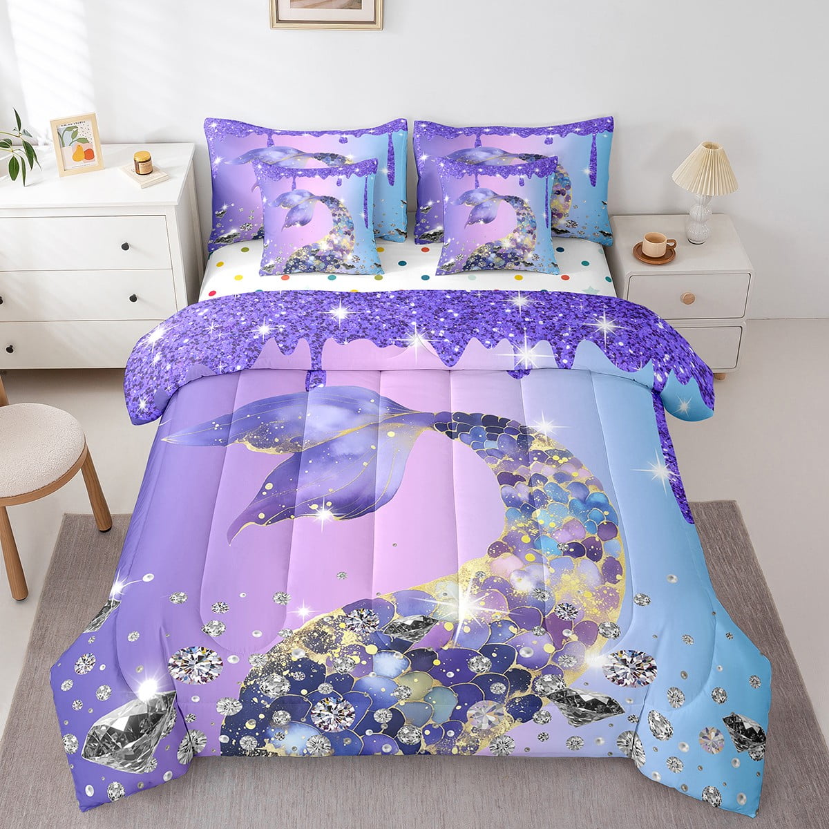 Mermaid Tail Comforter Set 7 Piece Bed in a Bag Twin,Purple Sequin ...