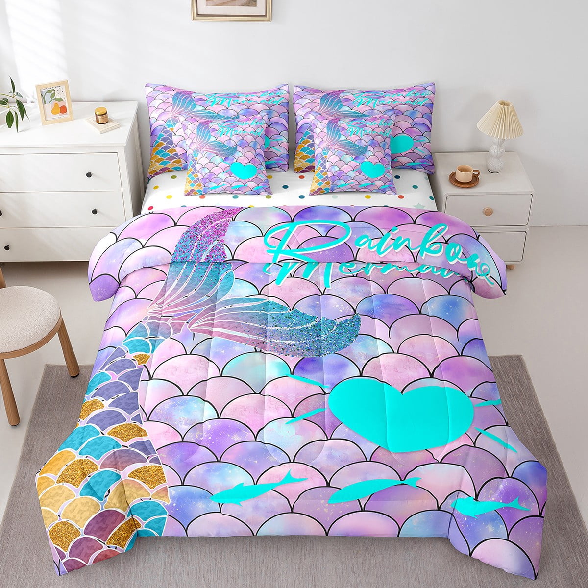 Mermaid Tail Comforter Set 7 Piece Bed in a Bag Twin,Teal Purple Fish ...