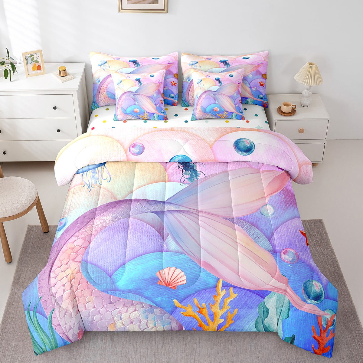 Mermaid Tail Comforter Set 7 Piece Bed in a Bag Twin,Starfish Jellyfish ...