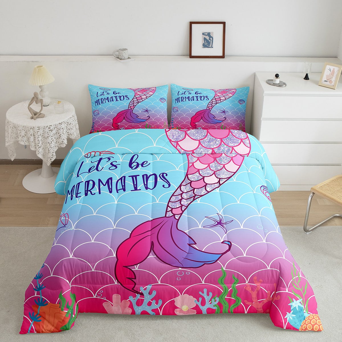 Mermaid Tail Comforter Set Blue Pink Rainbow Bedding Full for Girls ...