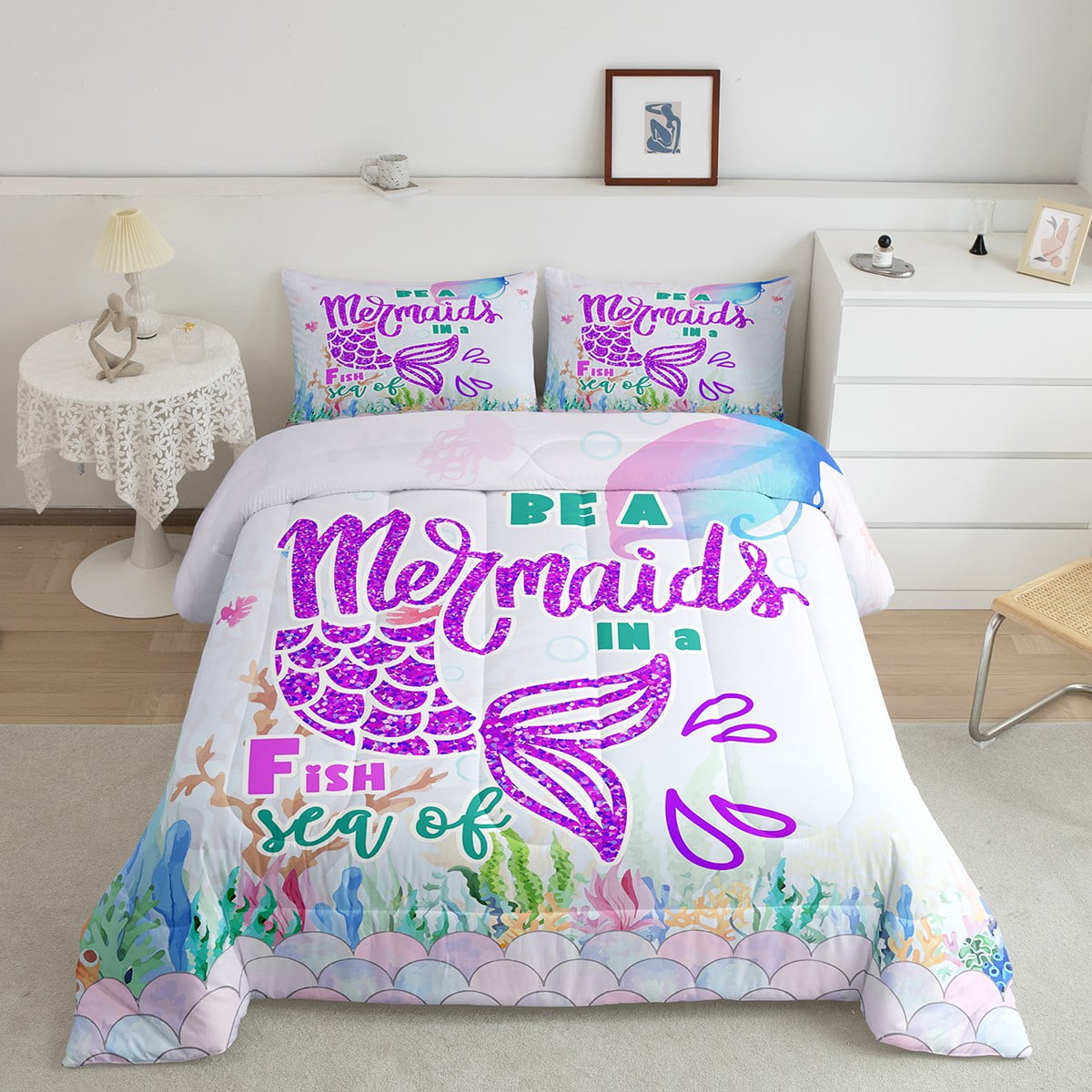 Mermaid Tail Comforter Set King For Kids Girls Bedroom, Rainbow Mermaid ...