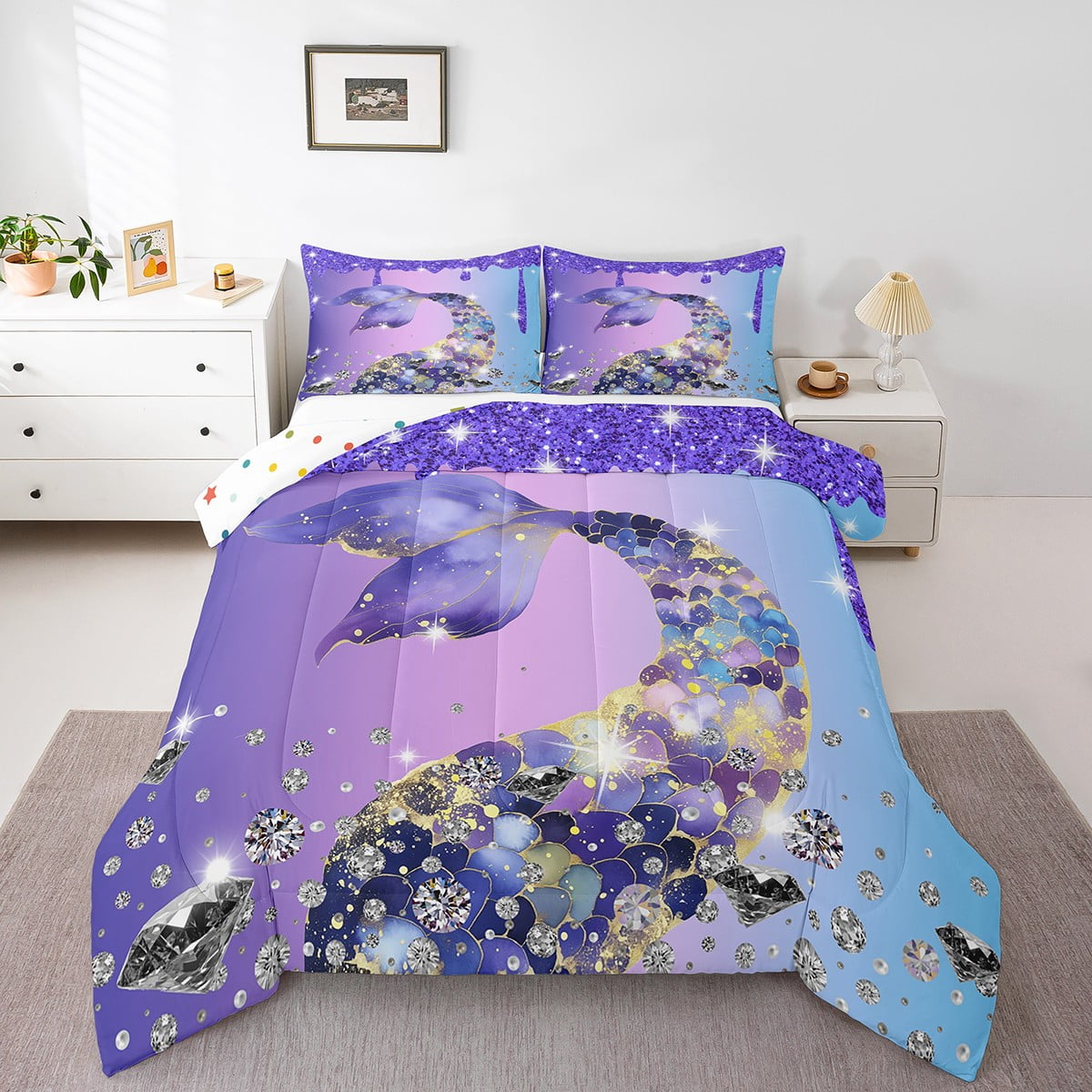 Mermaid Tail Comforter Set Purple Sequin Fluid Art Bed Set,Crystal ...