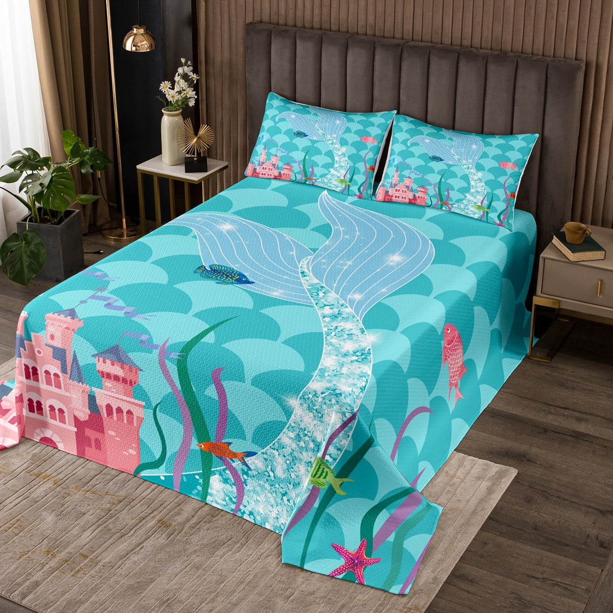 Mermaid Tail Coverlet Set Teal Blue Fish Scales Bedspread Set Magical ...