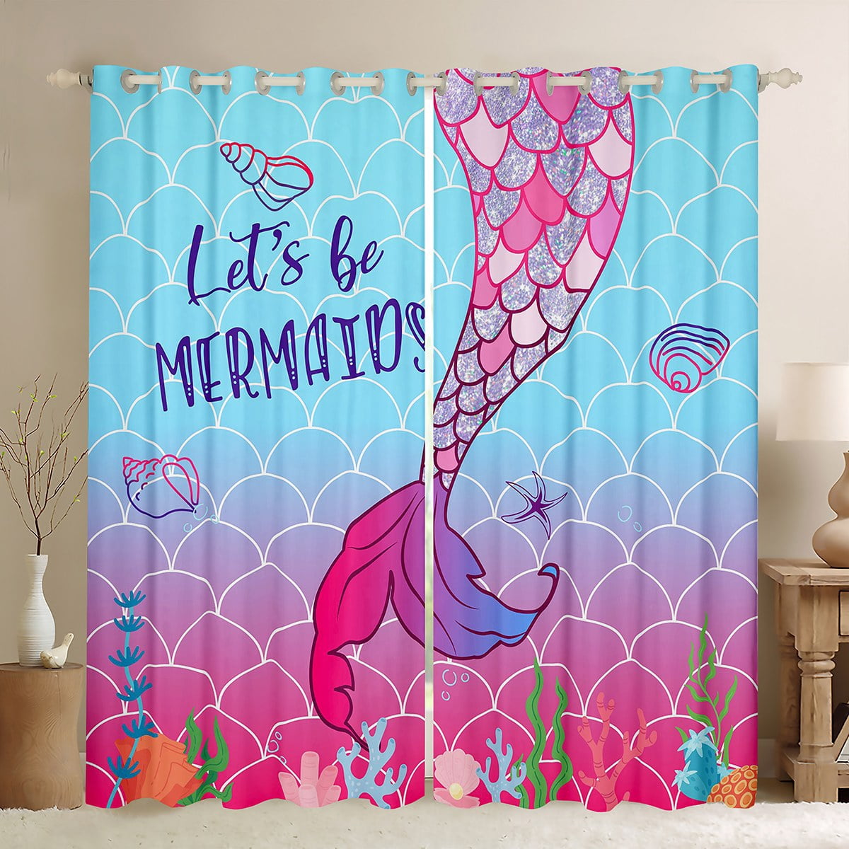 Mermaid Tail Curtains Blue Pink Rainbow Mermaid Decor Curtains & Drapes ...