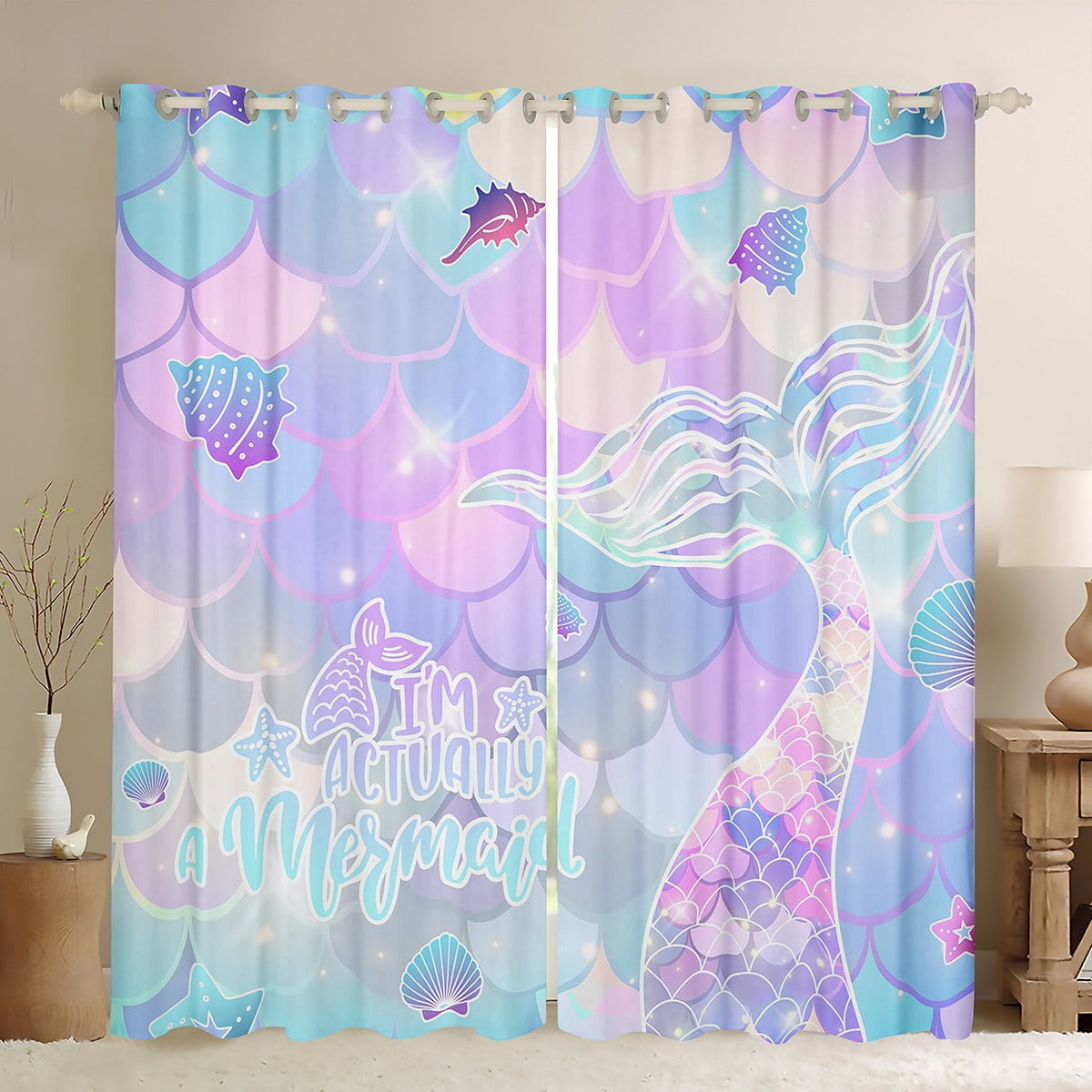 Mermaid Tail Curtains & Drapes Kawaii Bedroom 38"Wx54"L Pastel Mermaid ...