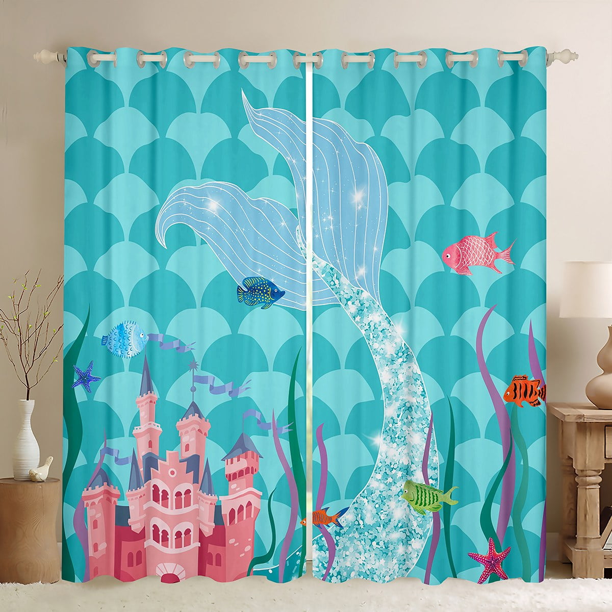 Mermaid Tail Curtains & Drapes Teal Blue Fish Scales Curtains Magical ...