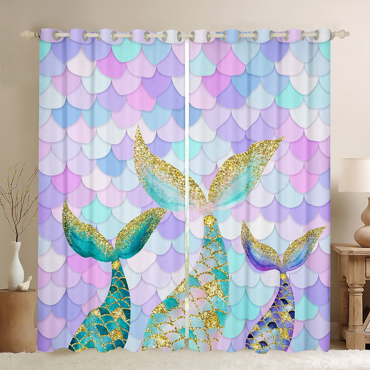 Mermaid Tail Curtains for Kids Party Purple Mermaid Tail Theme Blackout ...