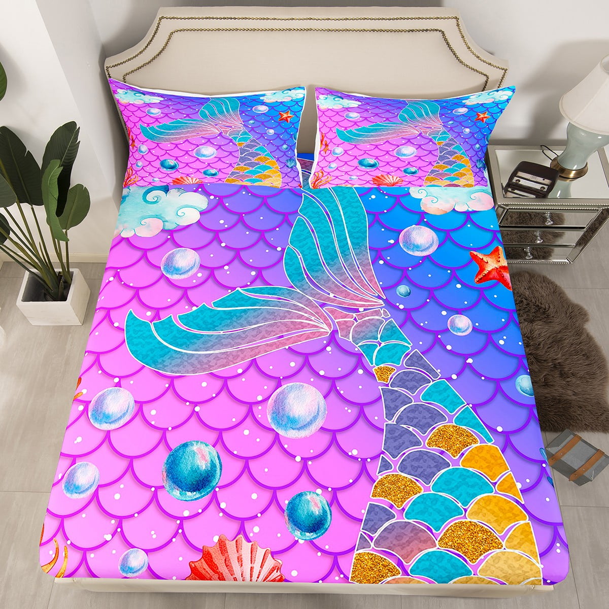 Mermaid Tail Fitted Sheet Cute Sea Animal Bed Sheets Full,Nautical Fish ...