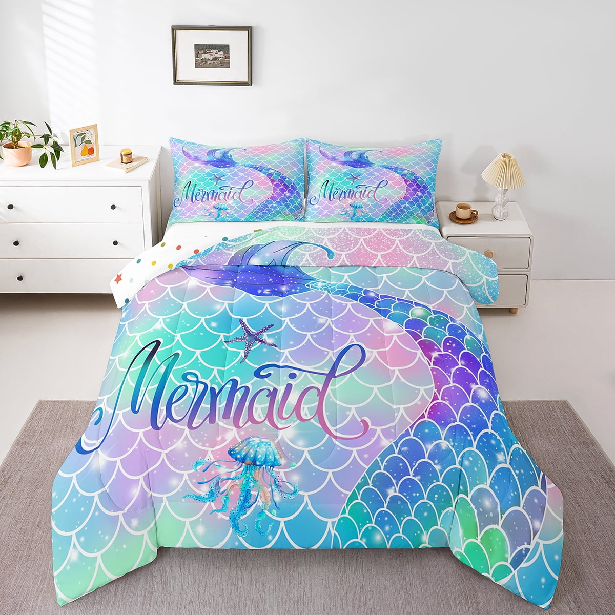 Mermaid Tail Glitter Comforter Set King Size Teal Blue Rainbow Mermaid ...