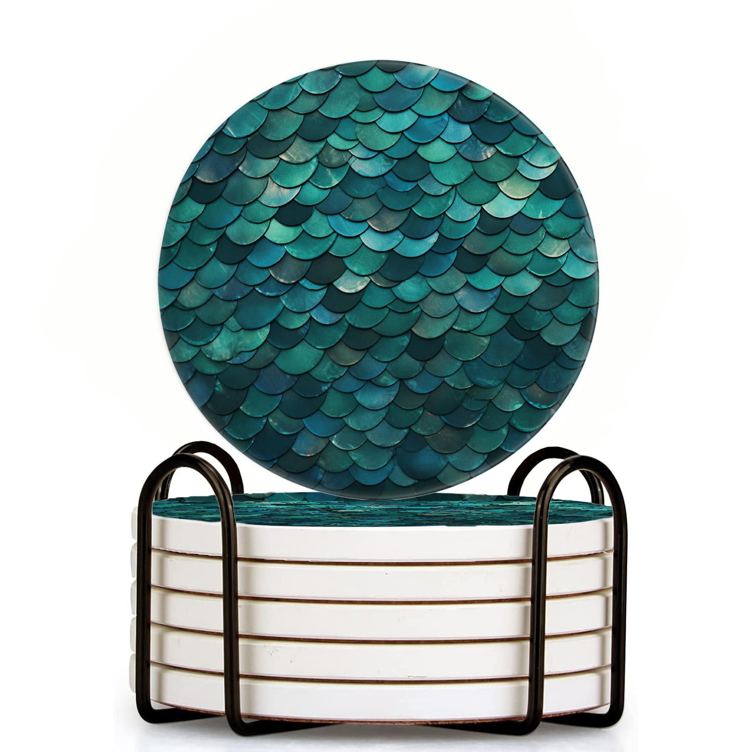 Mermaid Tail Gradient Turquoise Blue Drawing Drink Coasters with Holder ...
