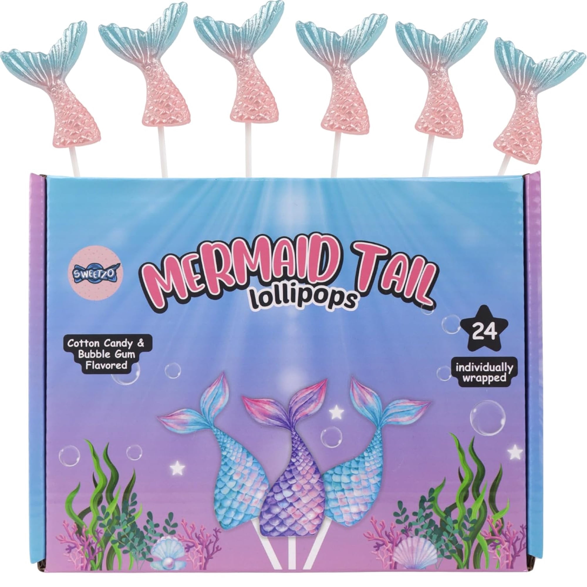 Sweetzo's Mermaid Tail Lollipops 24 Count 11.7 Ounce Box with Cotton ...