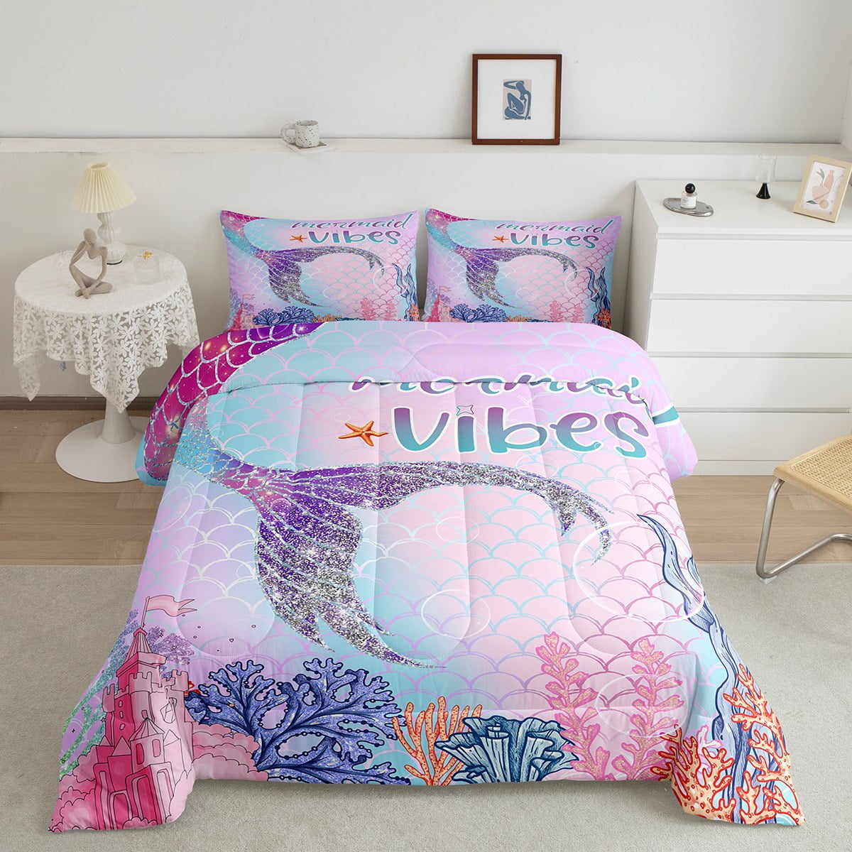 Mermaid Tail Queen Bedding Sets for Girls,Dreamy Castle Quilt Ocean ...