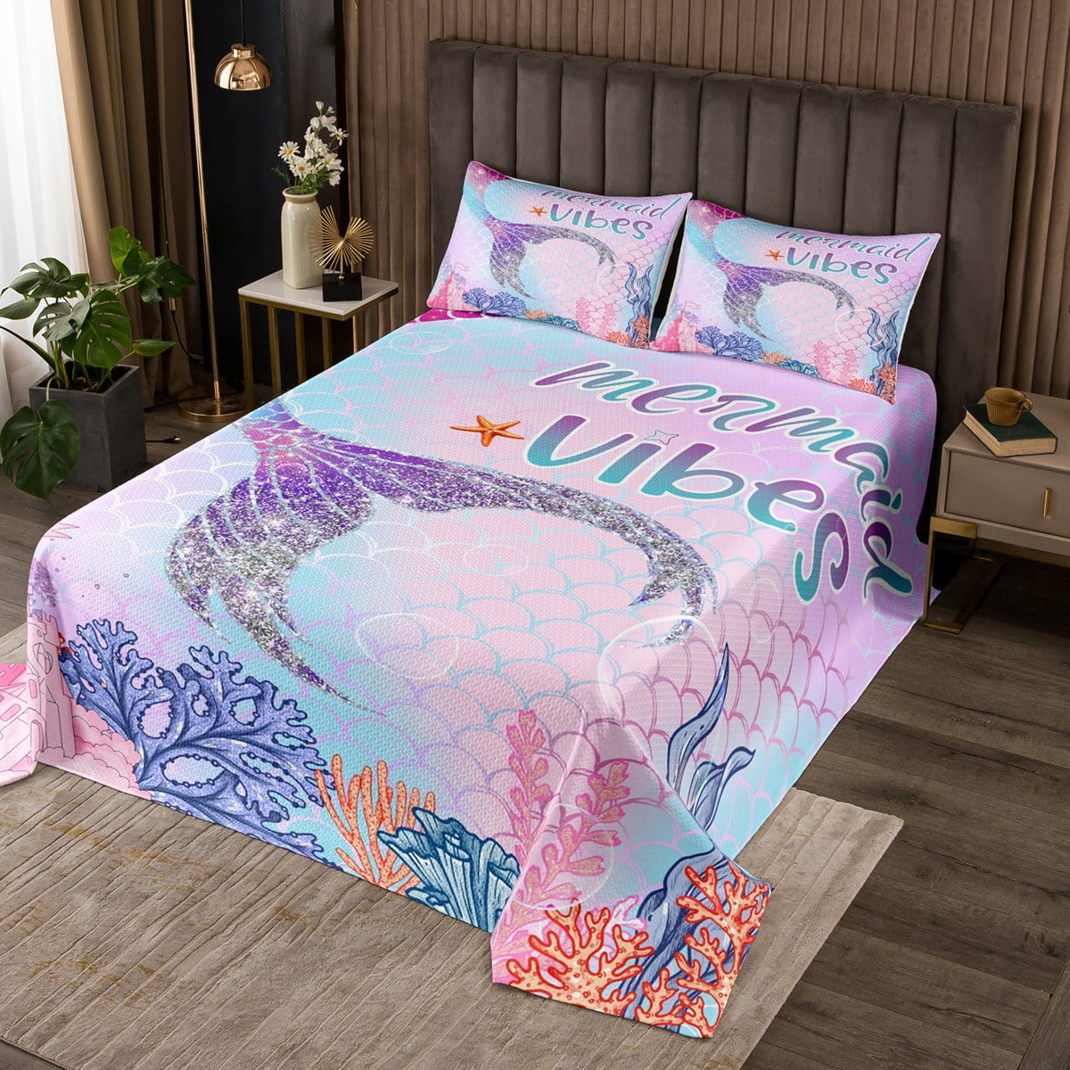 Mermaid Tail Queen Bedspread Set for Girls,Dreamy Castle Coverlet Set ...