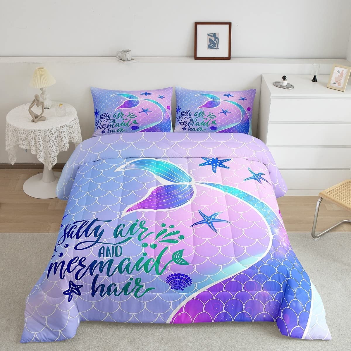 Mermaid Tail Quilted Duvet, Fish Scales Bedding Set Queen,Girly Shell ...