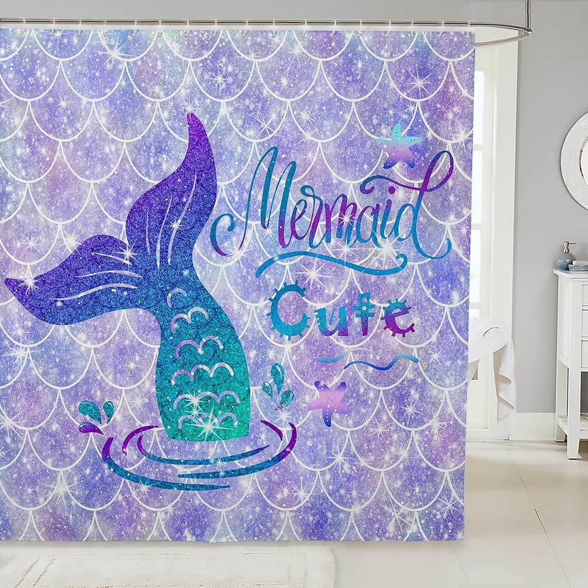 Mermaid Tail Shower Curtain Glitter Fish Scales Waterproof Bath Curtain ...