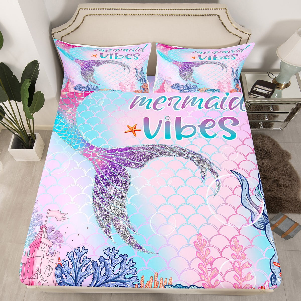 Mermaid Tail Twin Bed Sheets ,Dreamy Castle Bedding Set Ocean Fitted ...