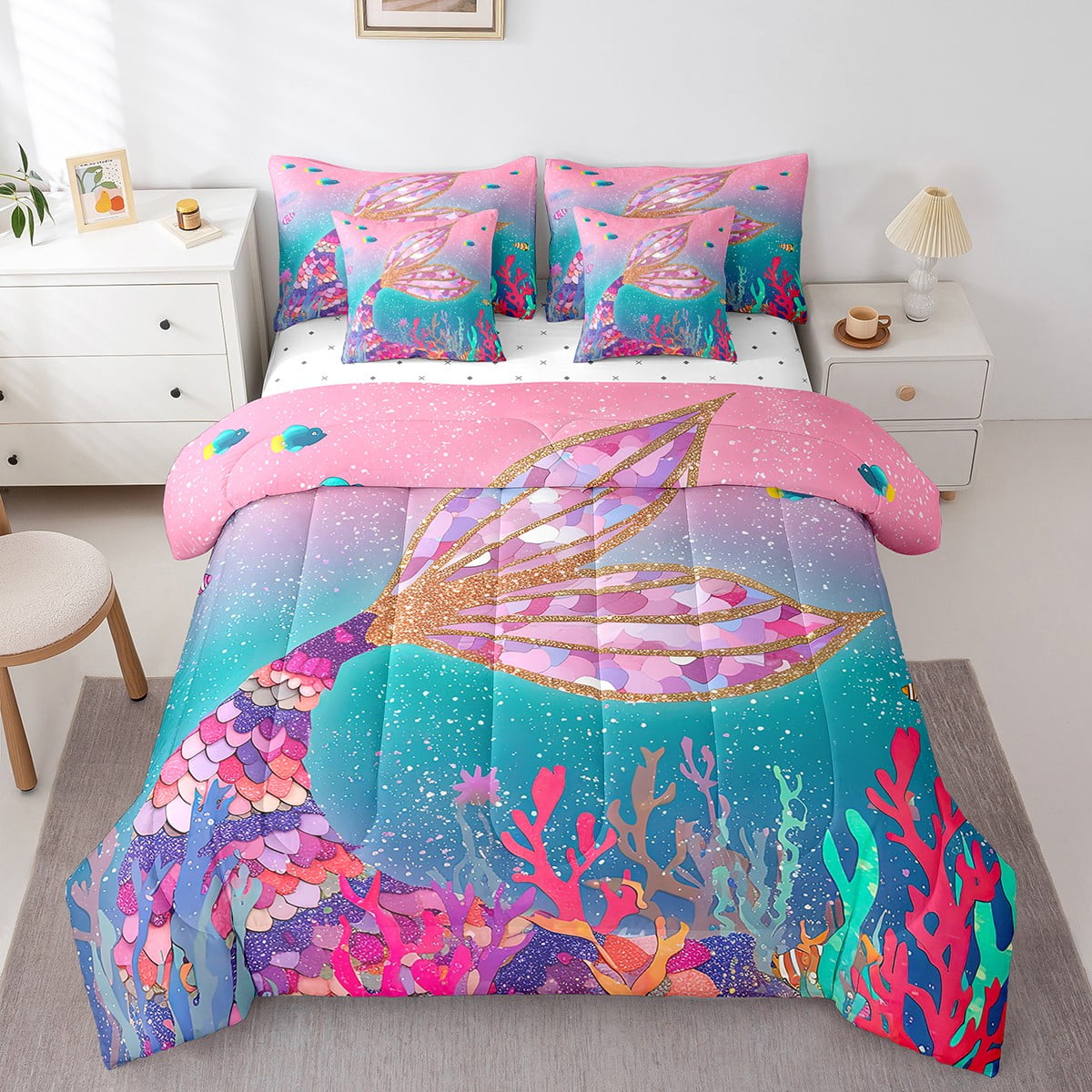 Mermaid Tail Twin Comforter Set - 7 Pieces Rainbow Fish Scales Bedding ...