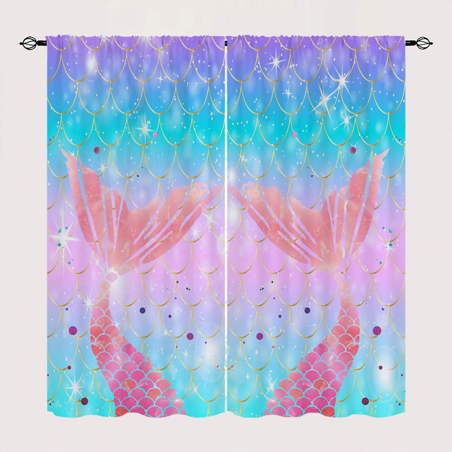 Mermaid Tail Window Curtains for Kid Girls Boys Bedroom, Ombre Mermaid ...
