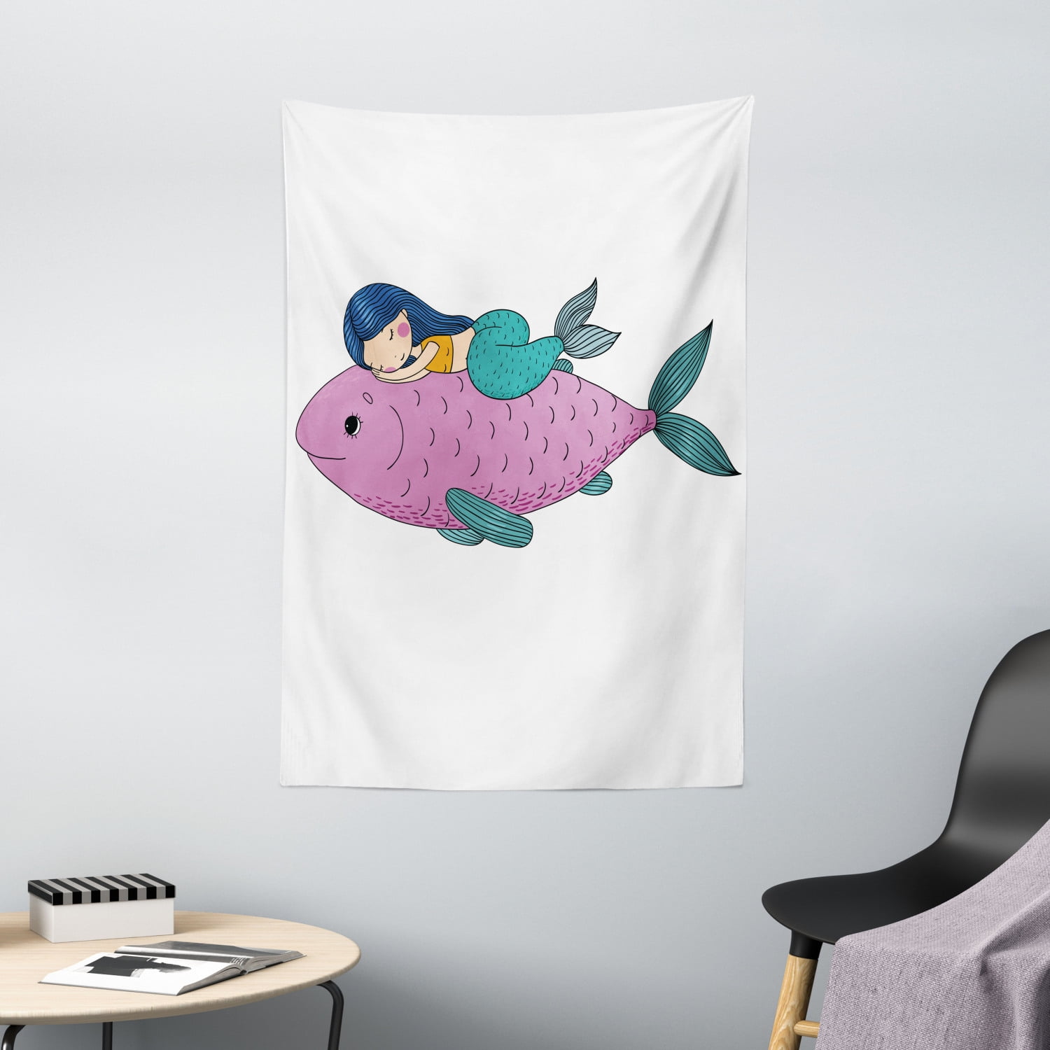 Mermaid Tapestry, Baby Mermaid Sleeping on Top Giant Fish Happy Best ...