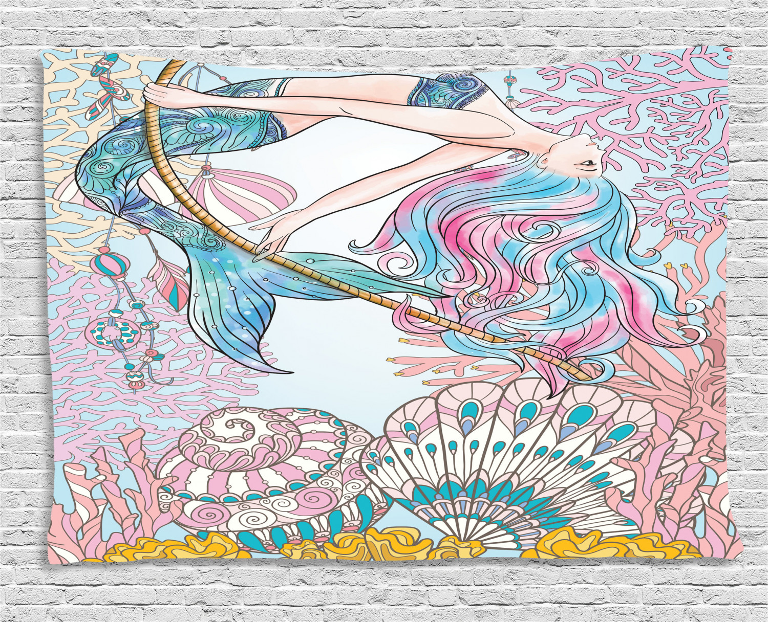 Mermaid Tapestry, Cartoon Mermaid in Sea Sirens of Greek Myth Female ...