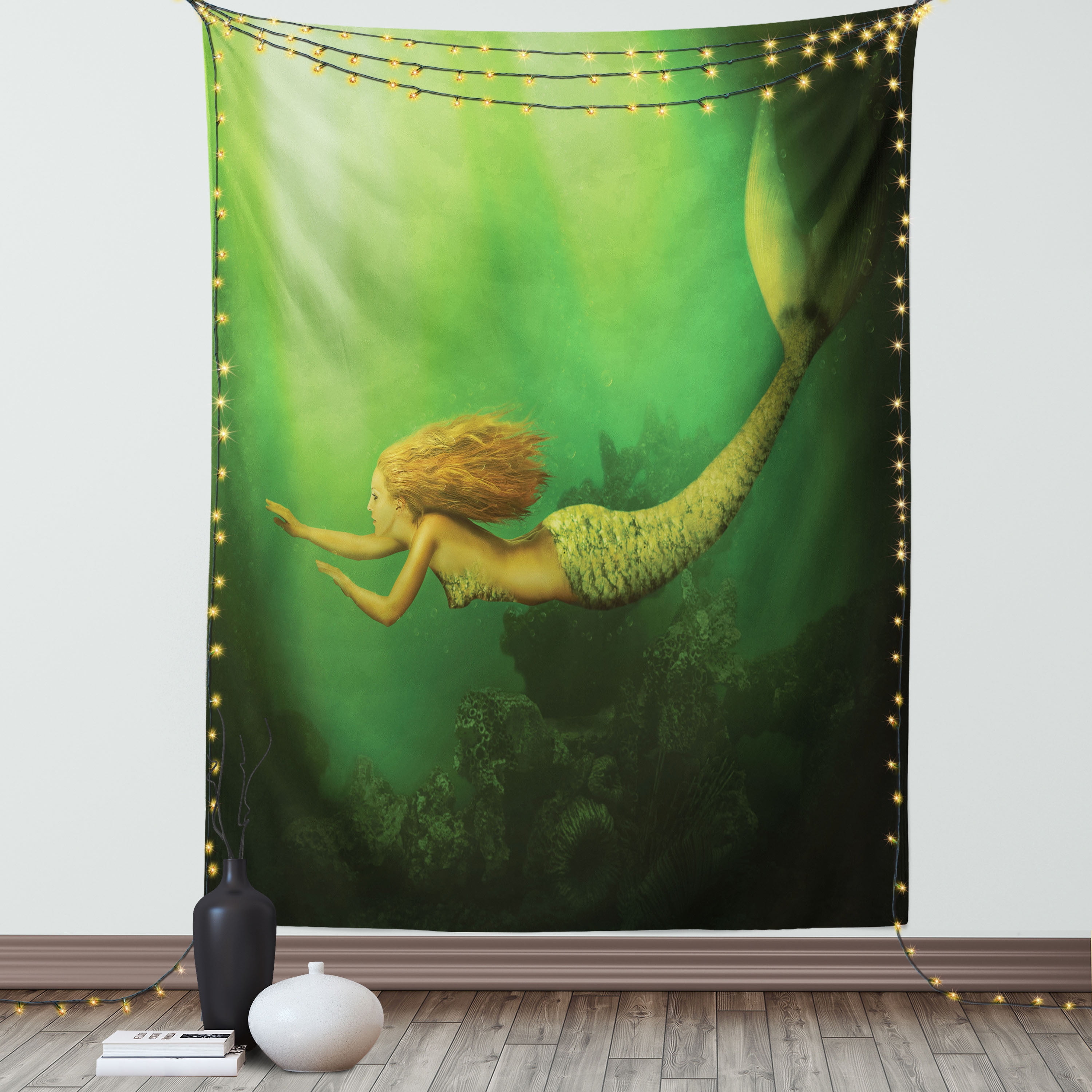 Mermaid Tapestry, Mermaid With Fish Tail Swimming in the Deep Sea ...