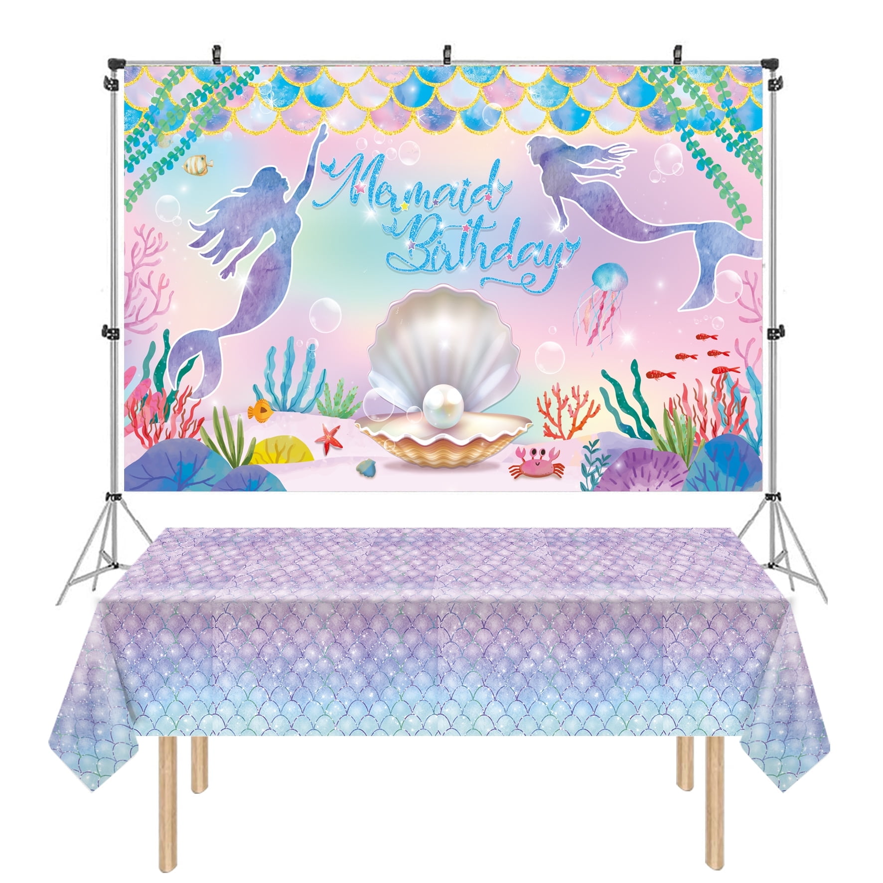 Mermaid Theme Tablecloth And Backdrop Set - Rectangle Plastic Table ...