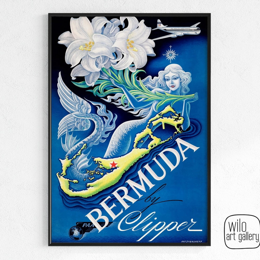 Mermaid Travel Poster For Bermuda By Boris Artzybasheff, Instant ...