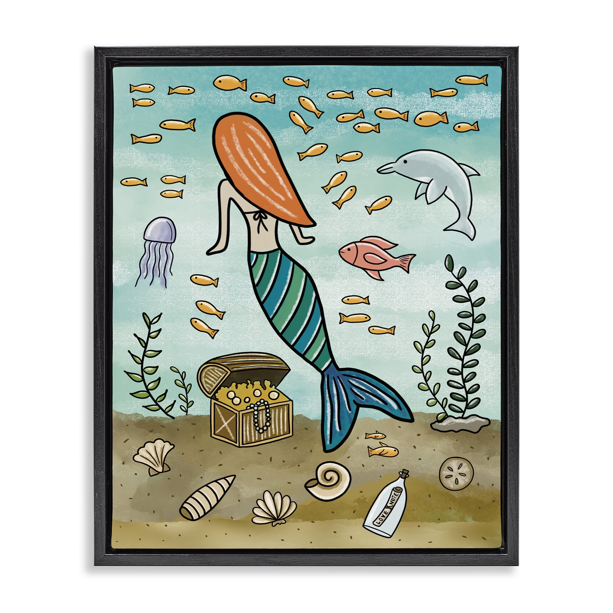 Mermaid Treasure Love Note Black Framed Floater Canvas Wall Art, design ...