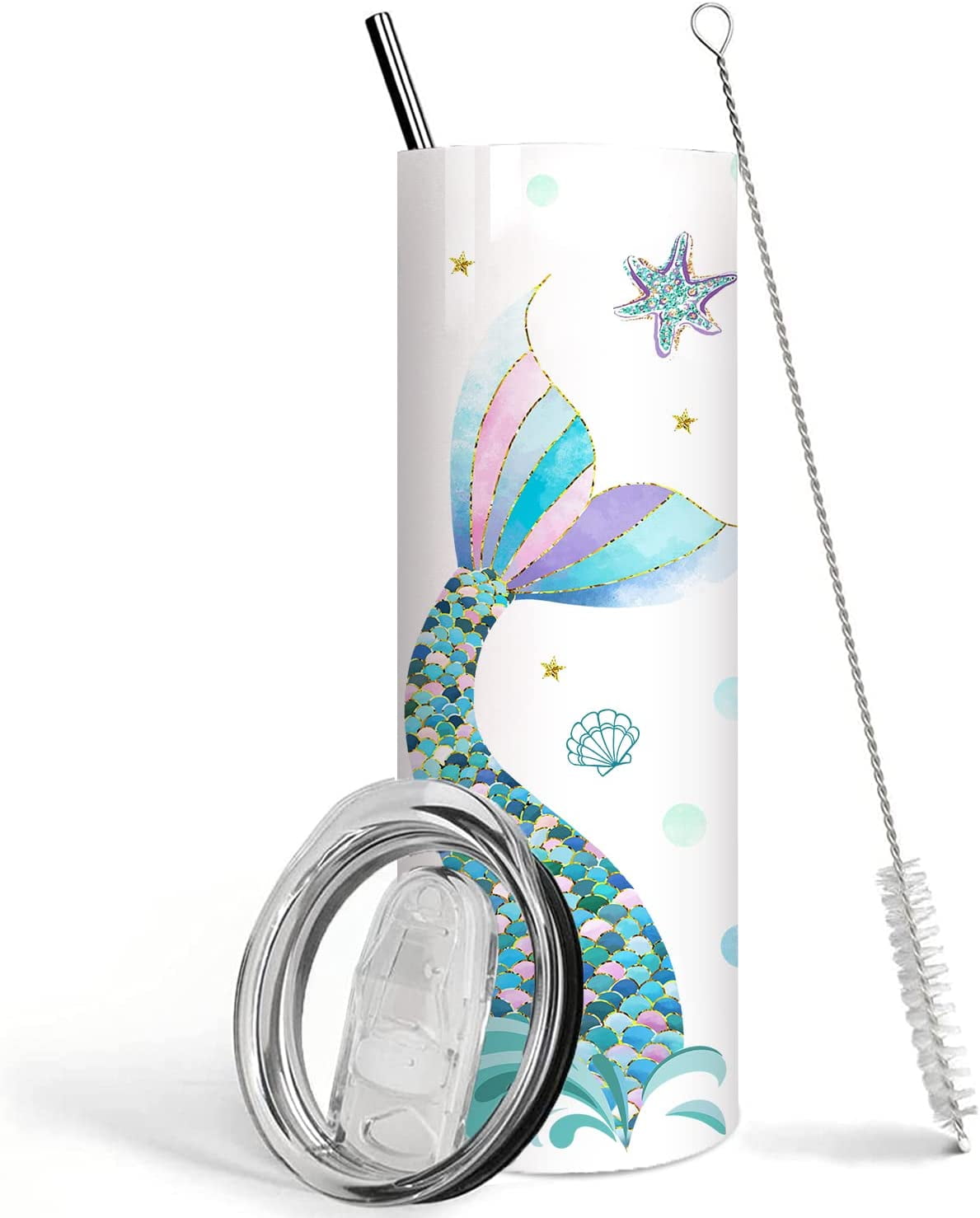 Mermaid Tumbler with Lid and Straw Double Wall Vacuum Stainless Steel ...