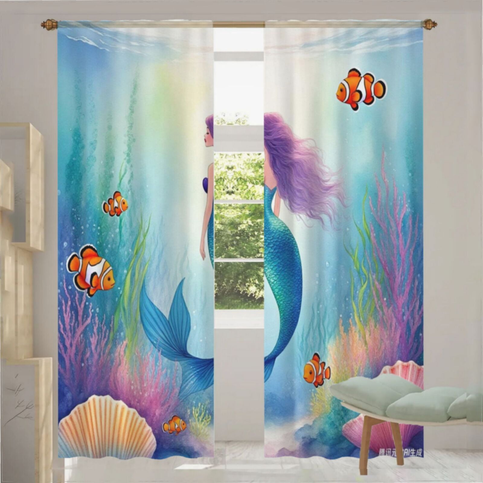 Mermaid Under The Sea Tulle Sheer Window Curtains For Living Room ...
