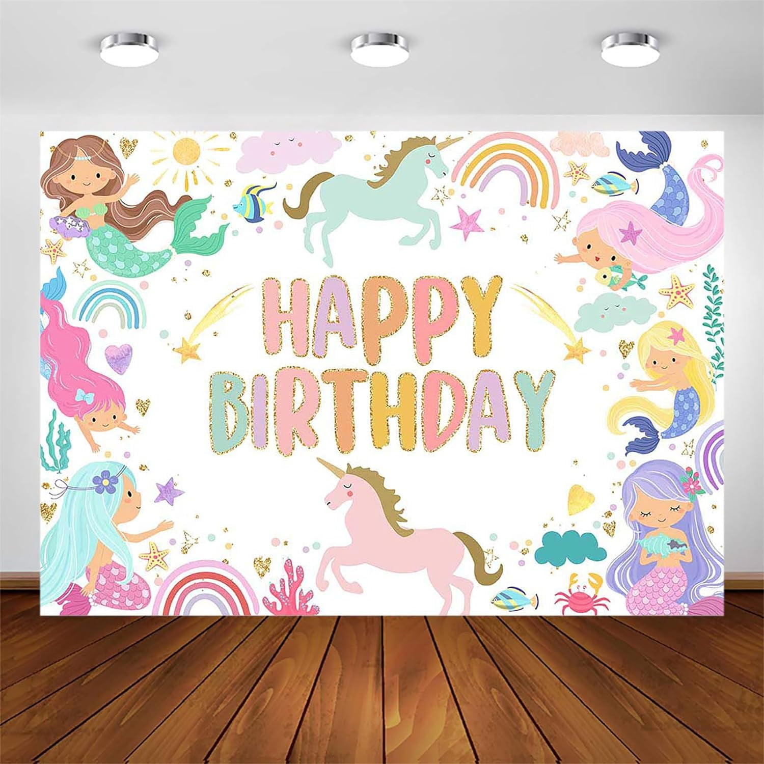 Mermaid and Unicorn Birthday Backdrop Cartoon Mermaid Birthday Party ...