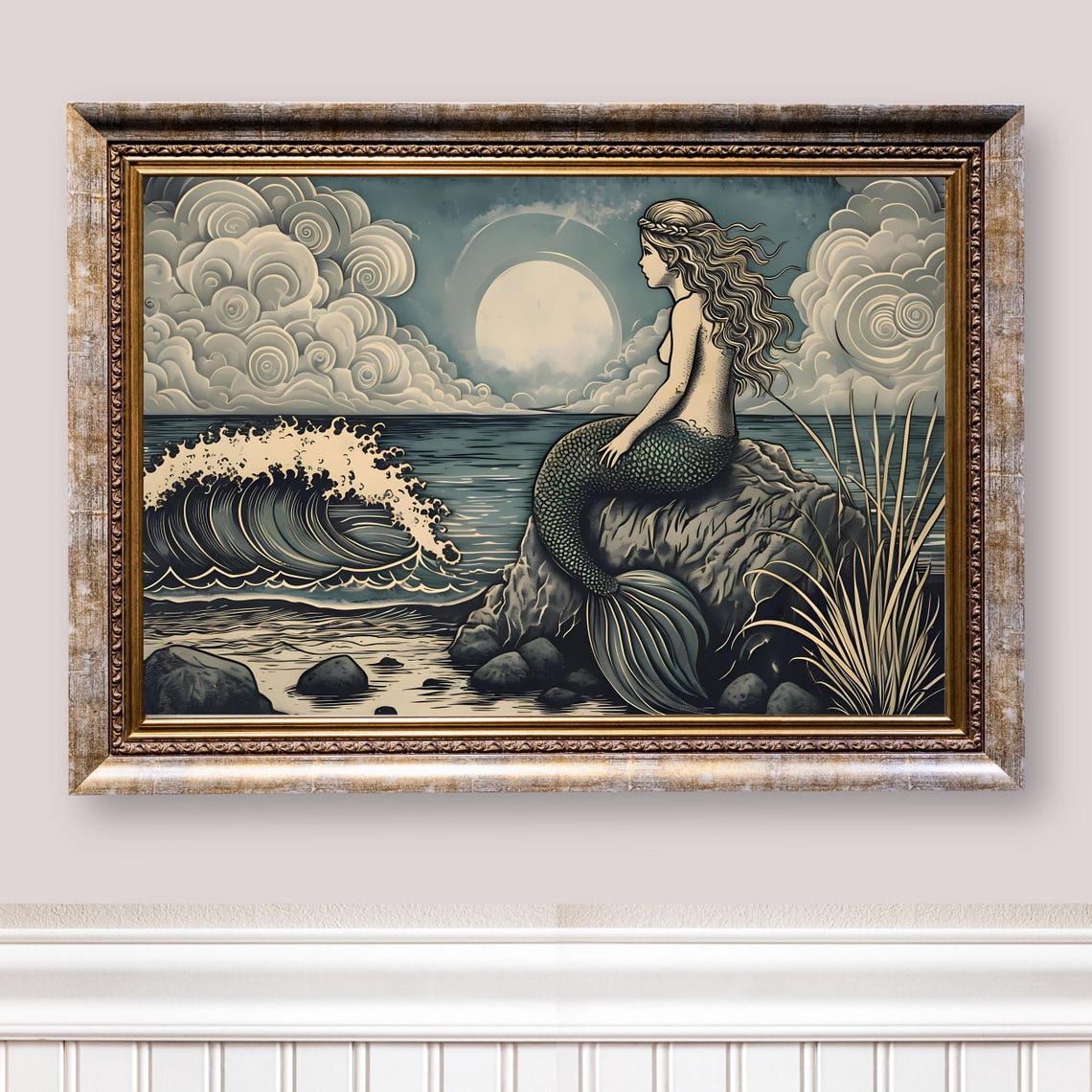 Mermaid Vintage Art, Horizontal Mermaid Print, Ocean Decor, Mermaidcore ...