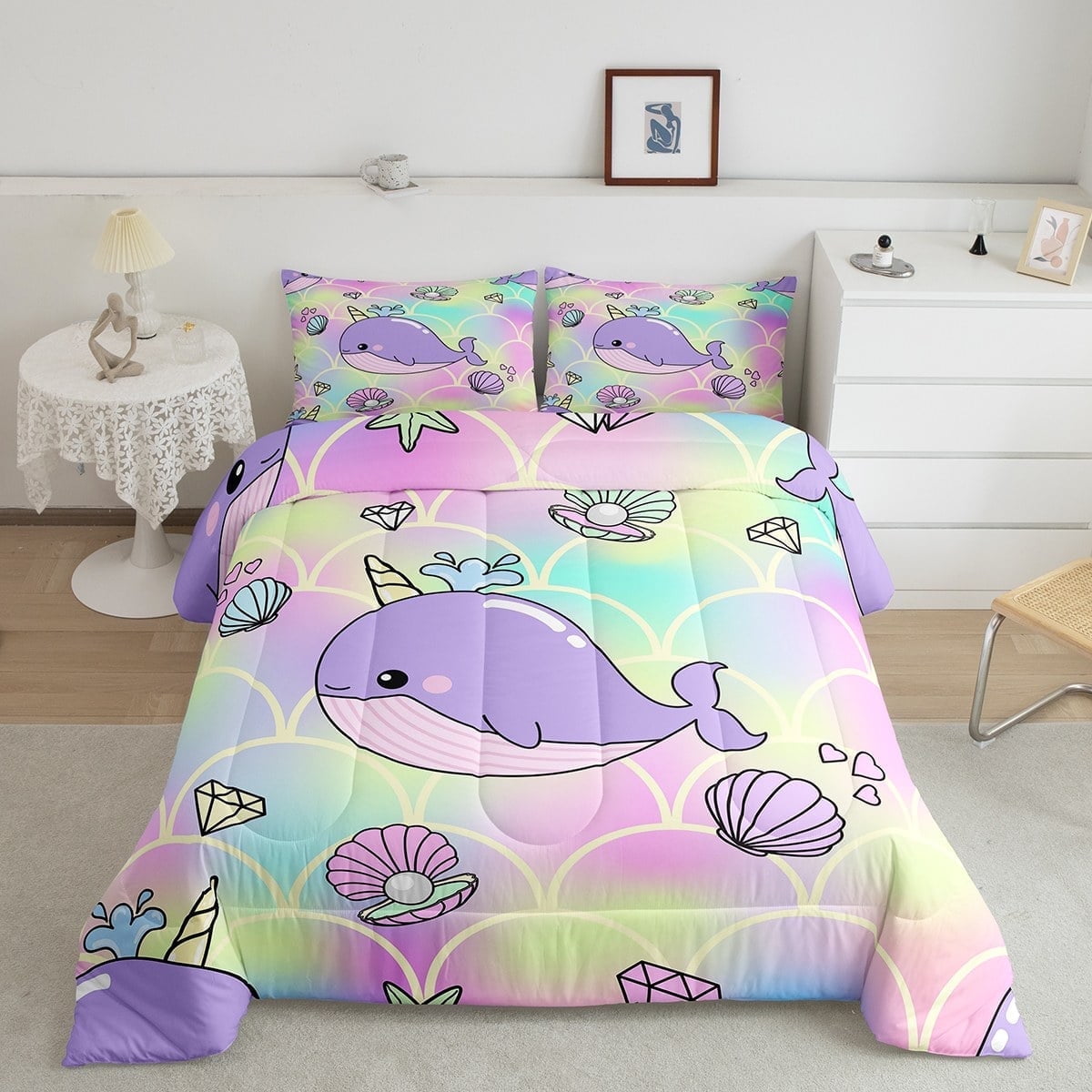 Erosebridal King Size Purple Bedding Set, Unicorn Whale Comforter ...