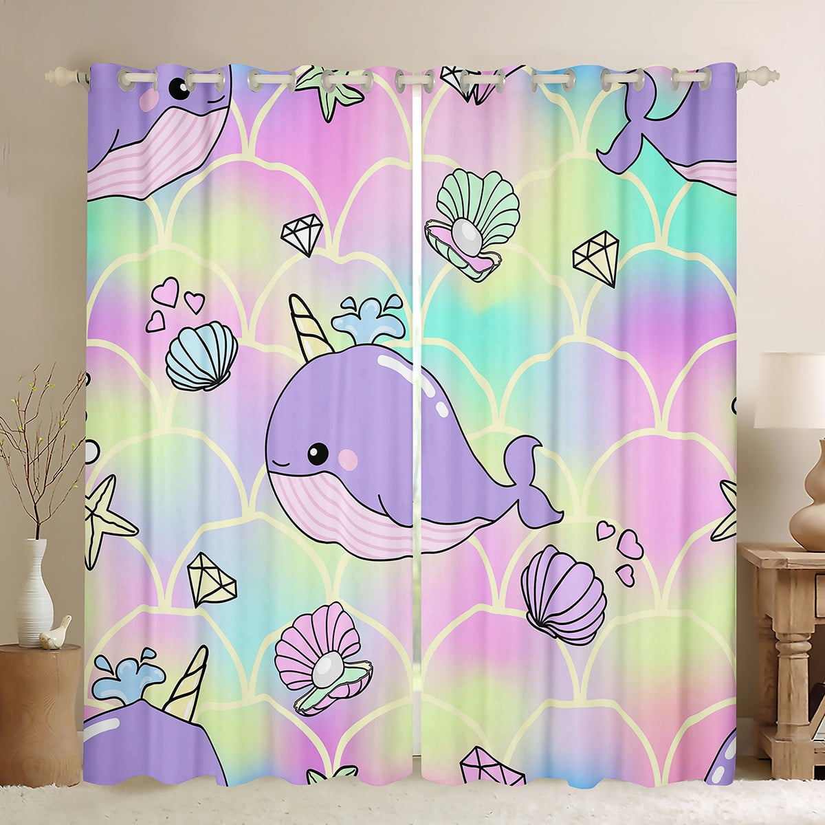 Mermaid Whale 30%-50% Blackout Curtains, Purple Unicorn Whale Curtains ...