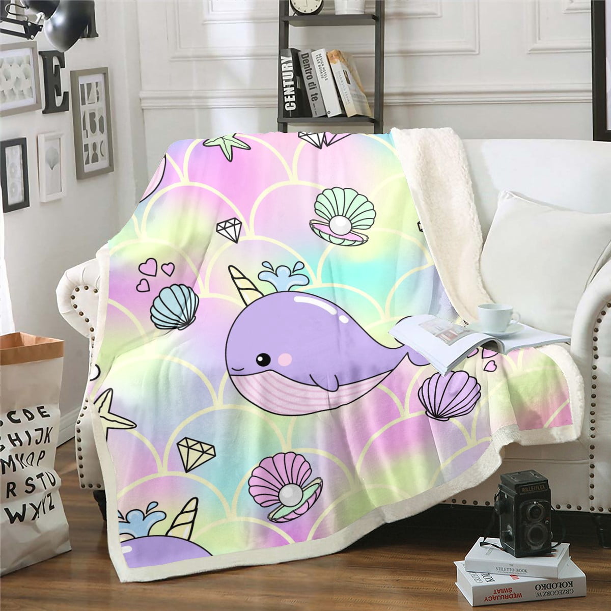 Mermaid Whale Throw Blanket 40"X50", Purple Unicorn Whale Fleece ...