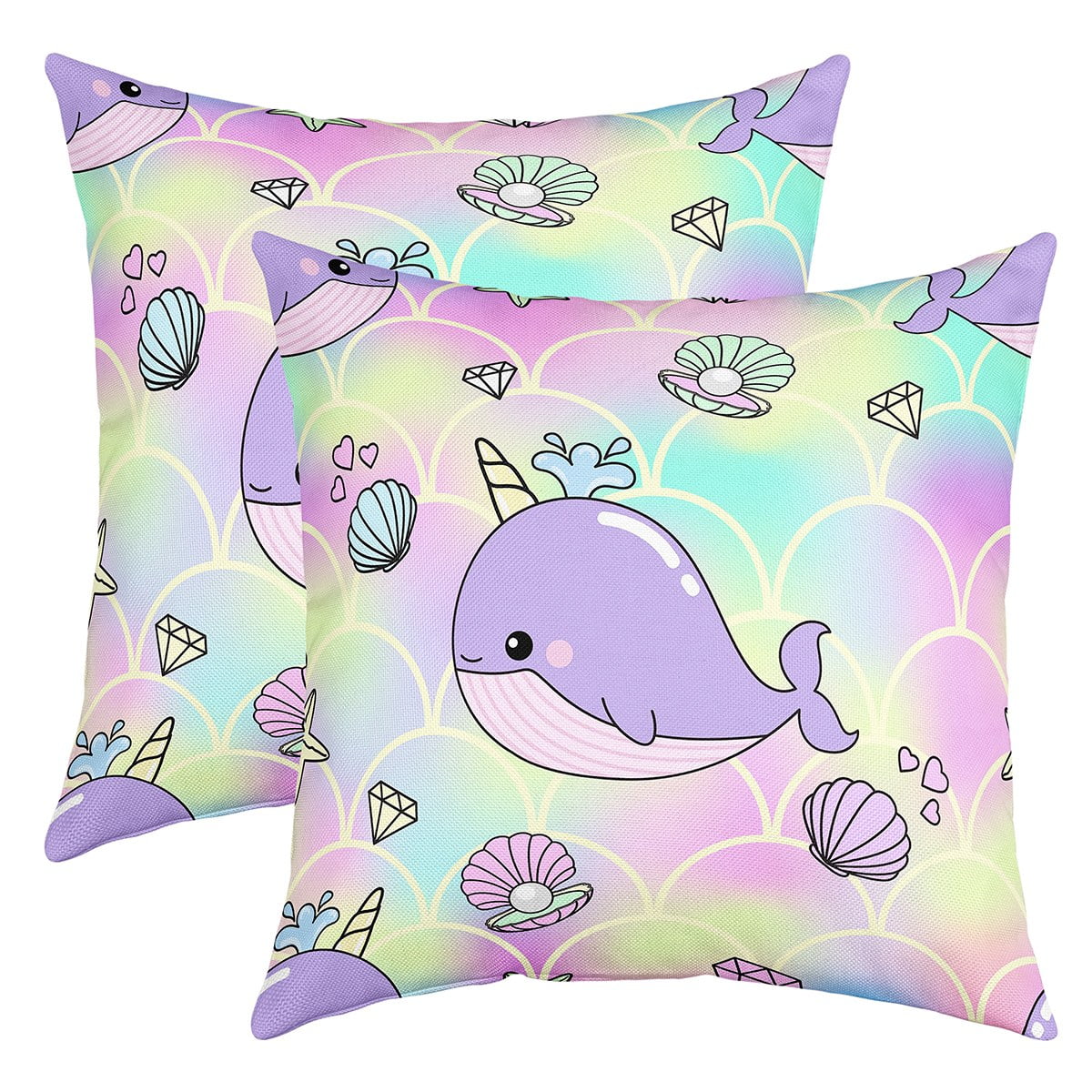Mermaid Whale Throw Pillow Covers 22x22 Inch Set of 2, Purple Unicorn ...