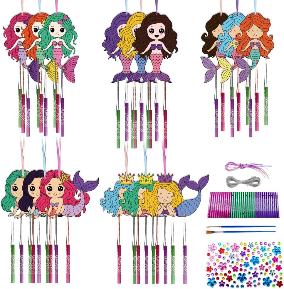 Mermaid Wind Chime Kit DIY Painting Wooden Wind Chime Kit Wooden Crafts ...