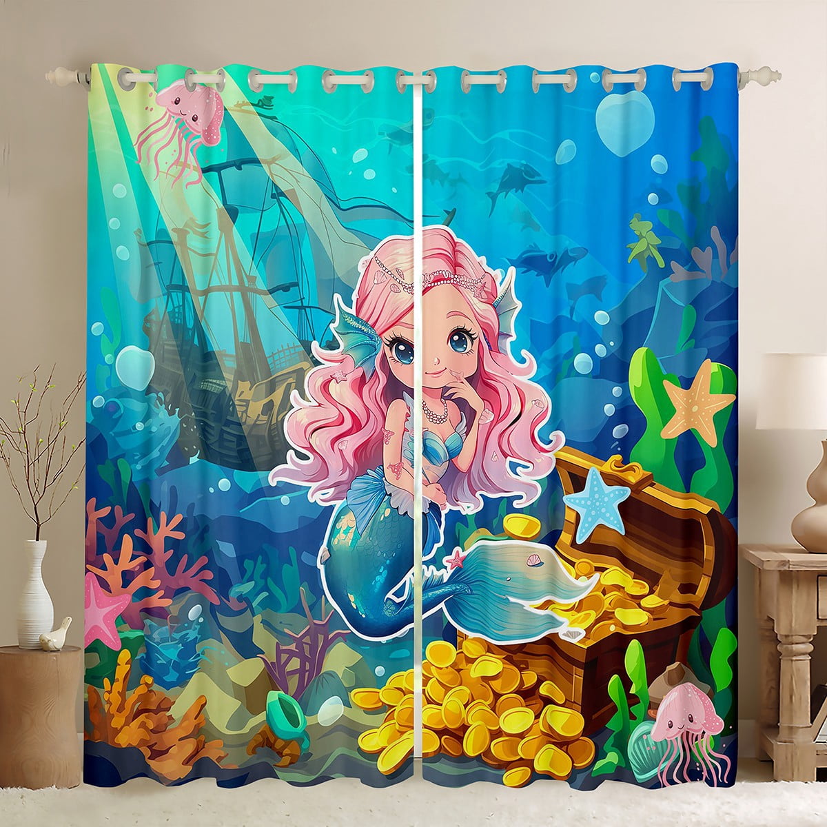 Mermaid Window Curtains,Kawaii Mermaid Princess 30%-50% Blackout ...
