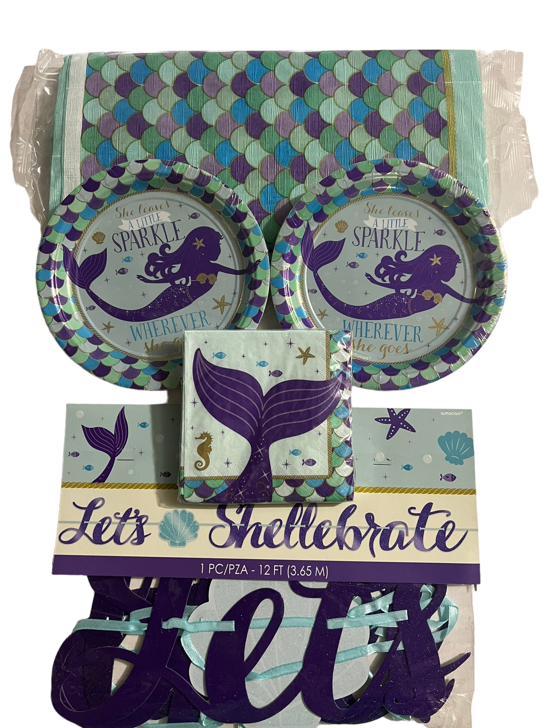 Mermaid Wishes Bundle with 16 Plates, 16 Napkins, Table Covering and ...
