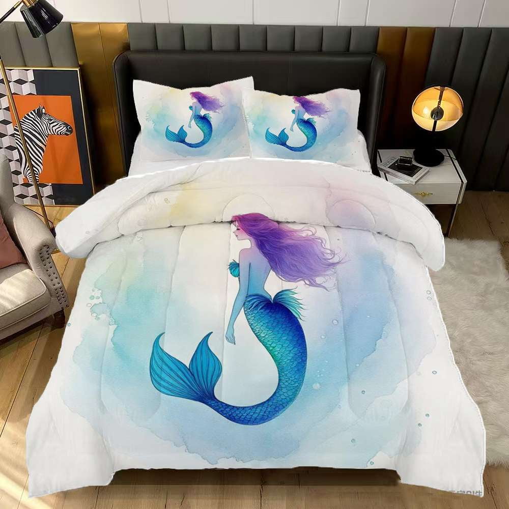 Mermaid With Long Cyan Hair Comforter Set Queen Size Bedding Set For ...