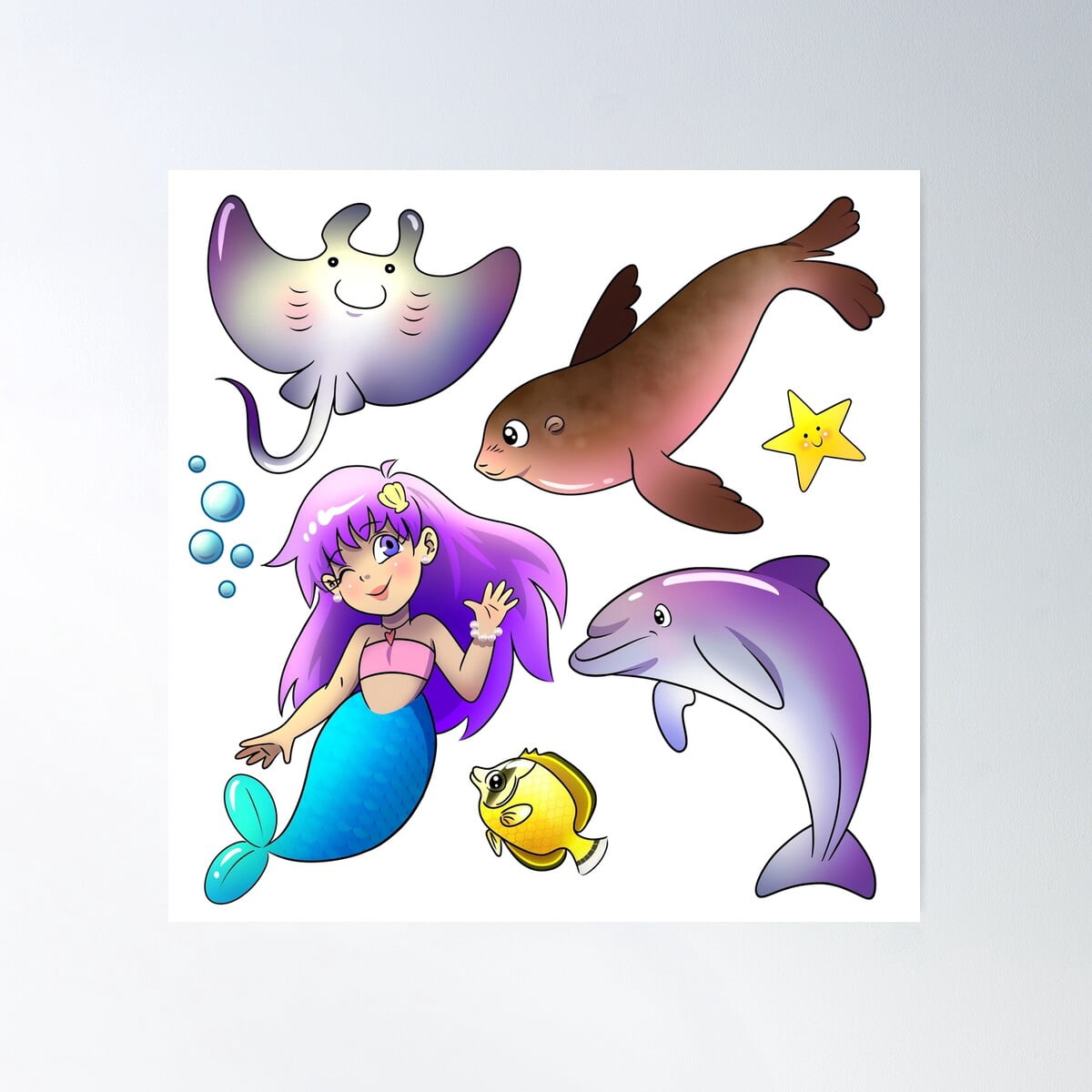Mermaid With Ocean Friends - No Background Poster Wall Art, Modern Wall ...