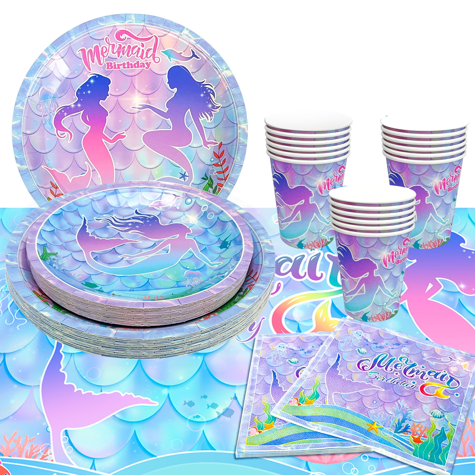 Mermaid Party Supplies,65 Pcs Mermaids Birthday Party Tableware Set ...