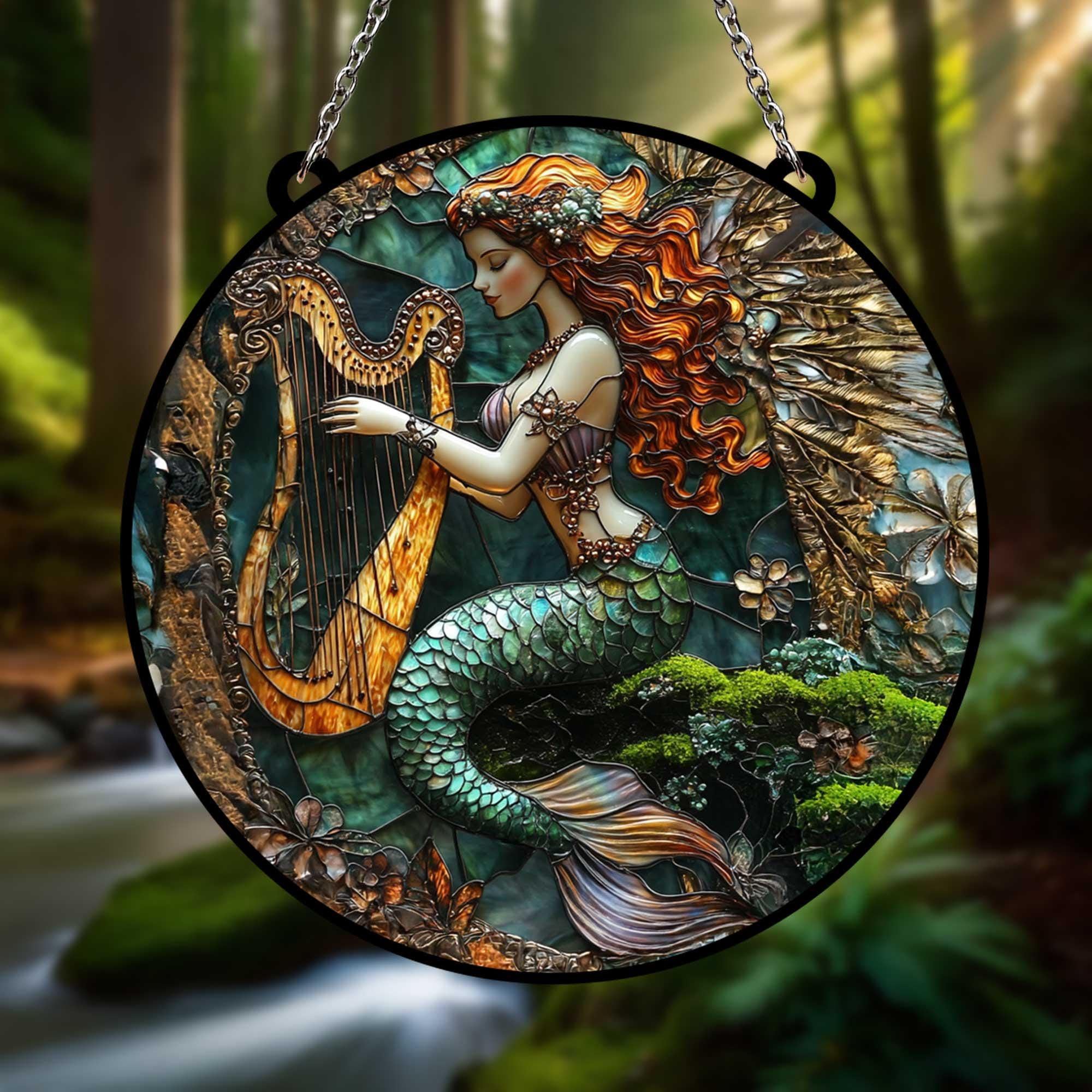 Mermaid with Harp Acrylic Suncatcher fullxfull Red-Haired Ocean Fairy ...