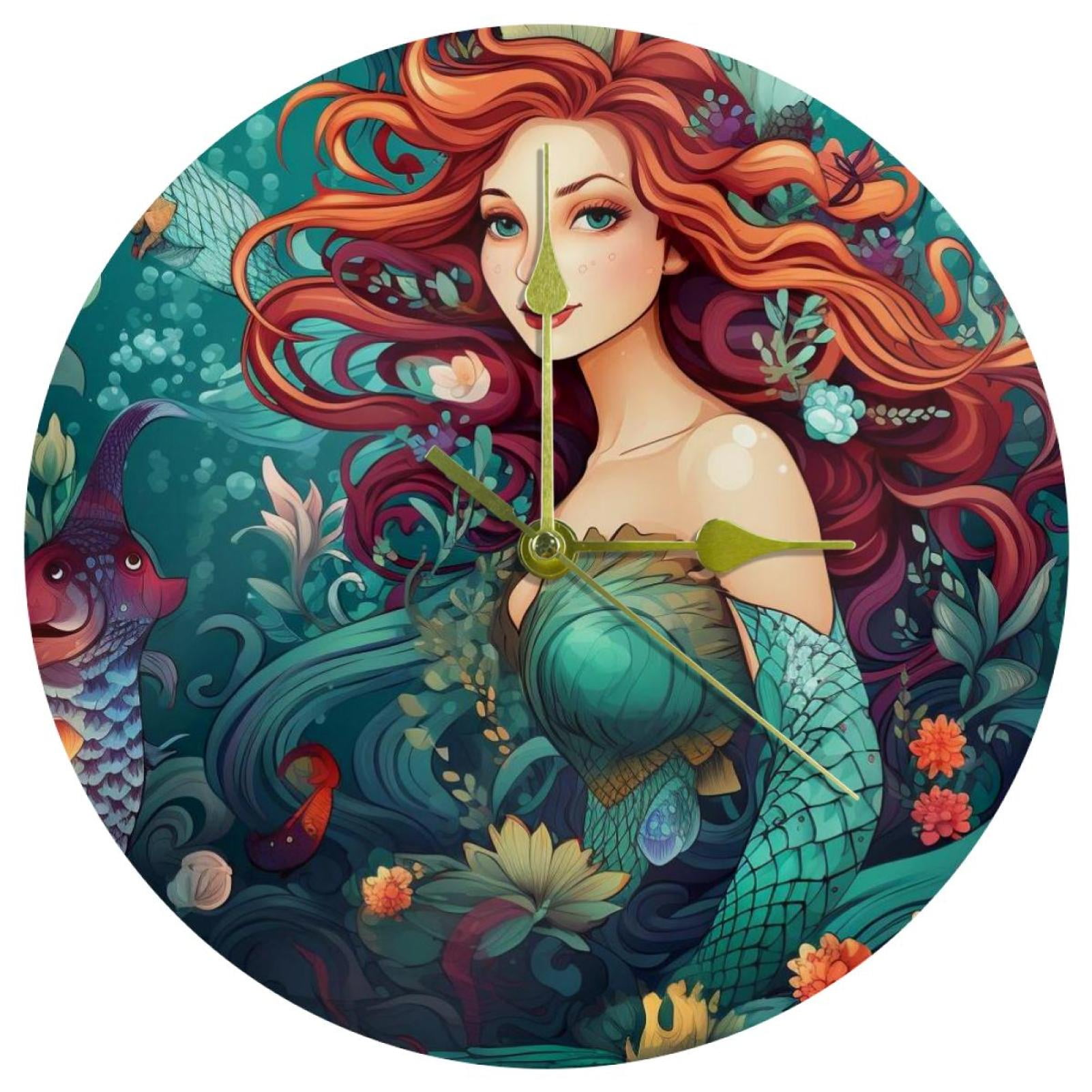 Mermaids 9.8-Inch Round Acrylic Wall Clock, Silent Non-Ticking Battery ...