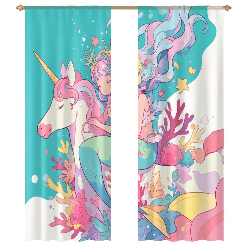 Mermaids And Unicorns Sheer Voile Curtain Window Tulle Curtains For ...