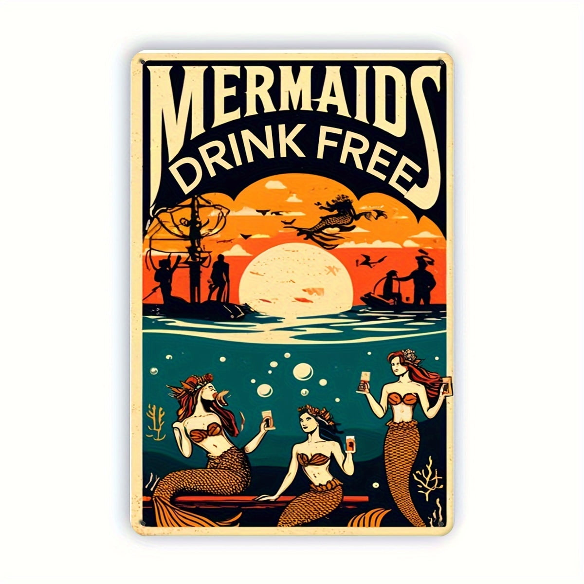 Mermaids Drink Free Vintage Tin Signs Funny Metal Mermaid Signs Coastal ...