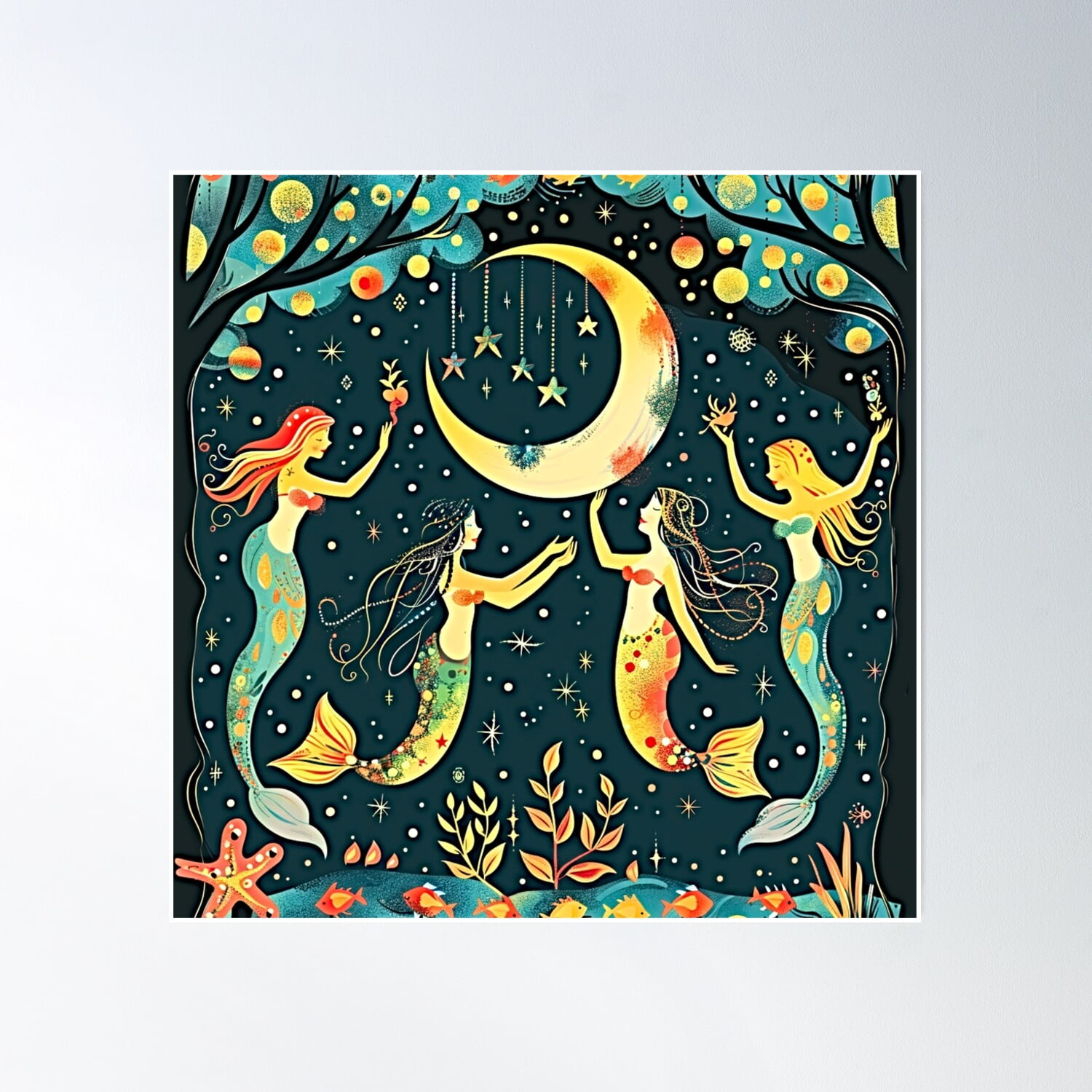 Mermaids In Moonlight Poster Wall Art, Modern Wall Decor, 16x16 ...