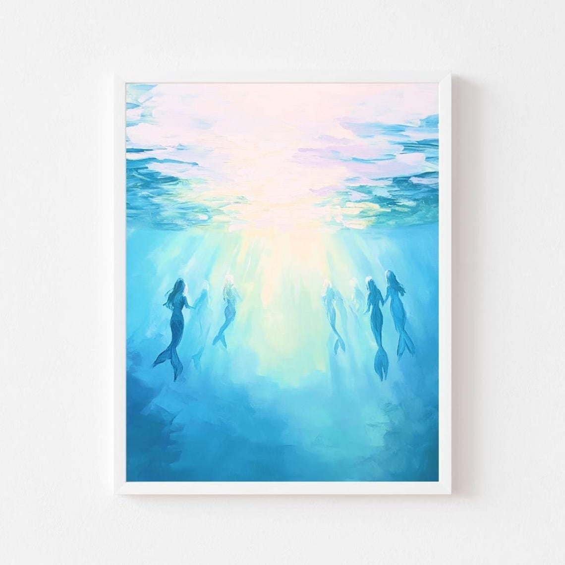 Mermaids Under The Sea Painting Colorful Ocean Wall Art Print Coastal ...