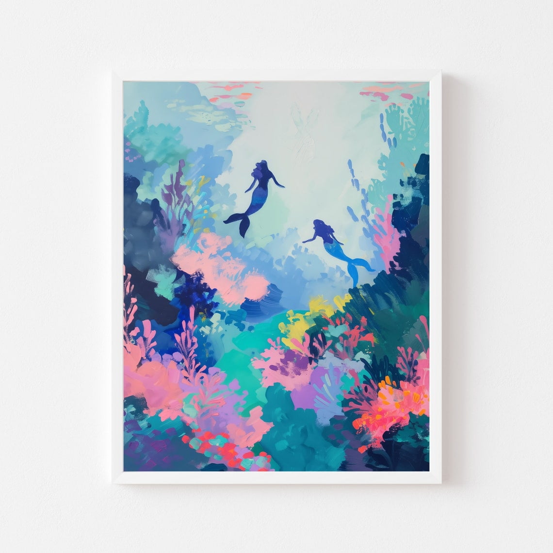 Mermaids Swimming Painting Colorful Coastal Ocean Wall Art Print Summer ...